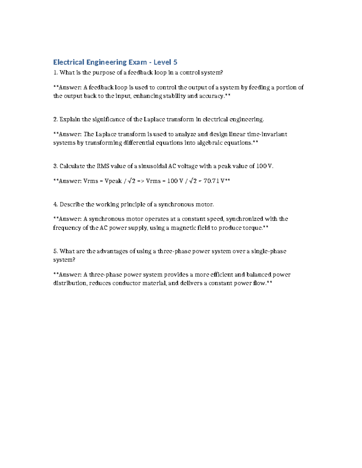 Electrical Engineering Exam Level 5 - Electrical Engineering Exam ...