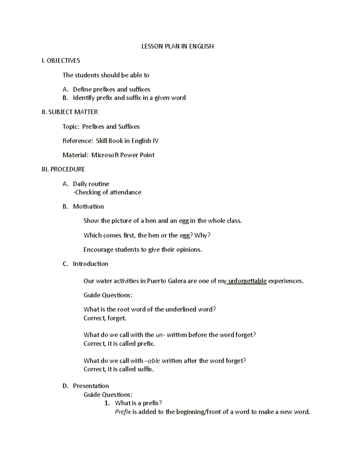 Lesson Plan in English - LESSON PLAN IN ENGLISH I. OBJECTIVES The ...