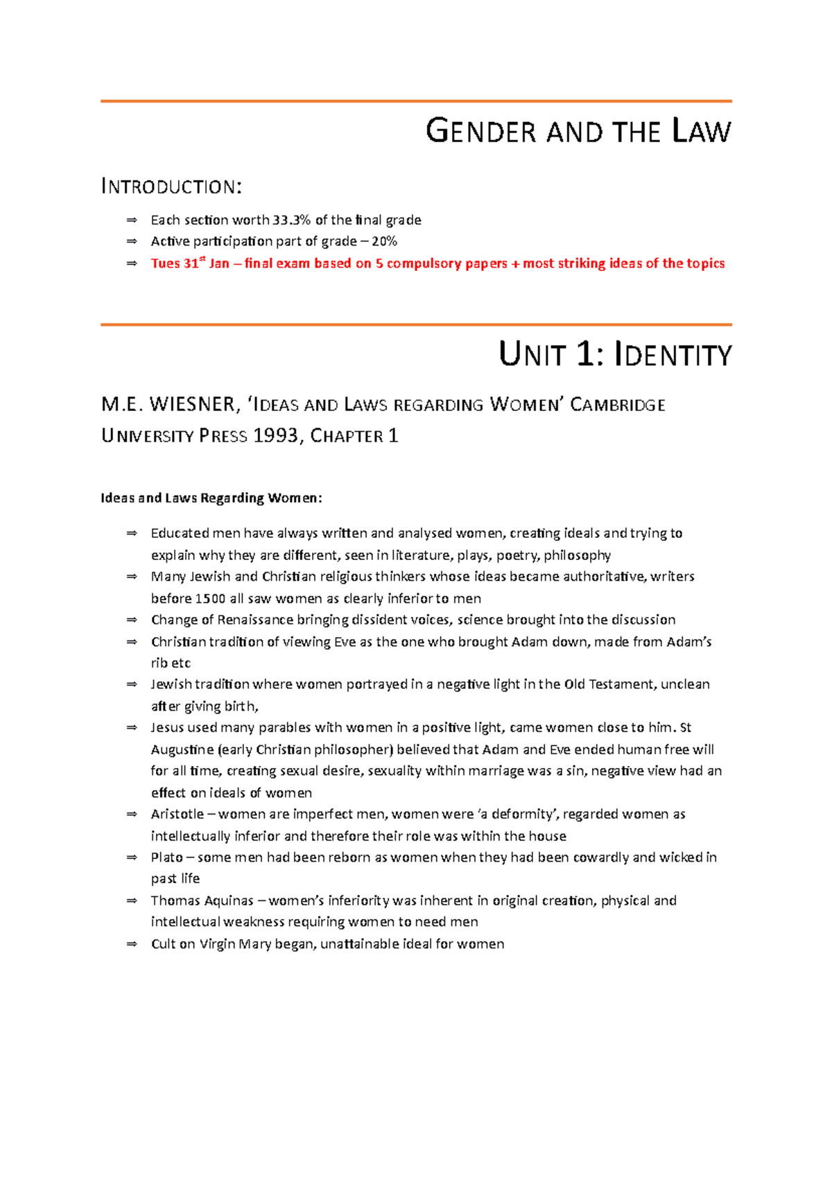 Gender and the Law Theory Notes - GENDER AND THE LAW INTRODUCTION: Each ...