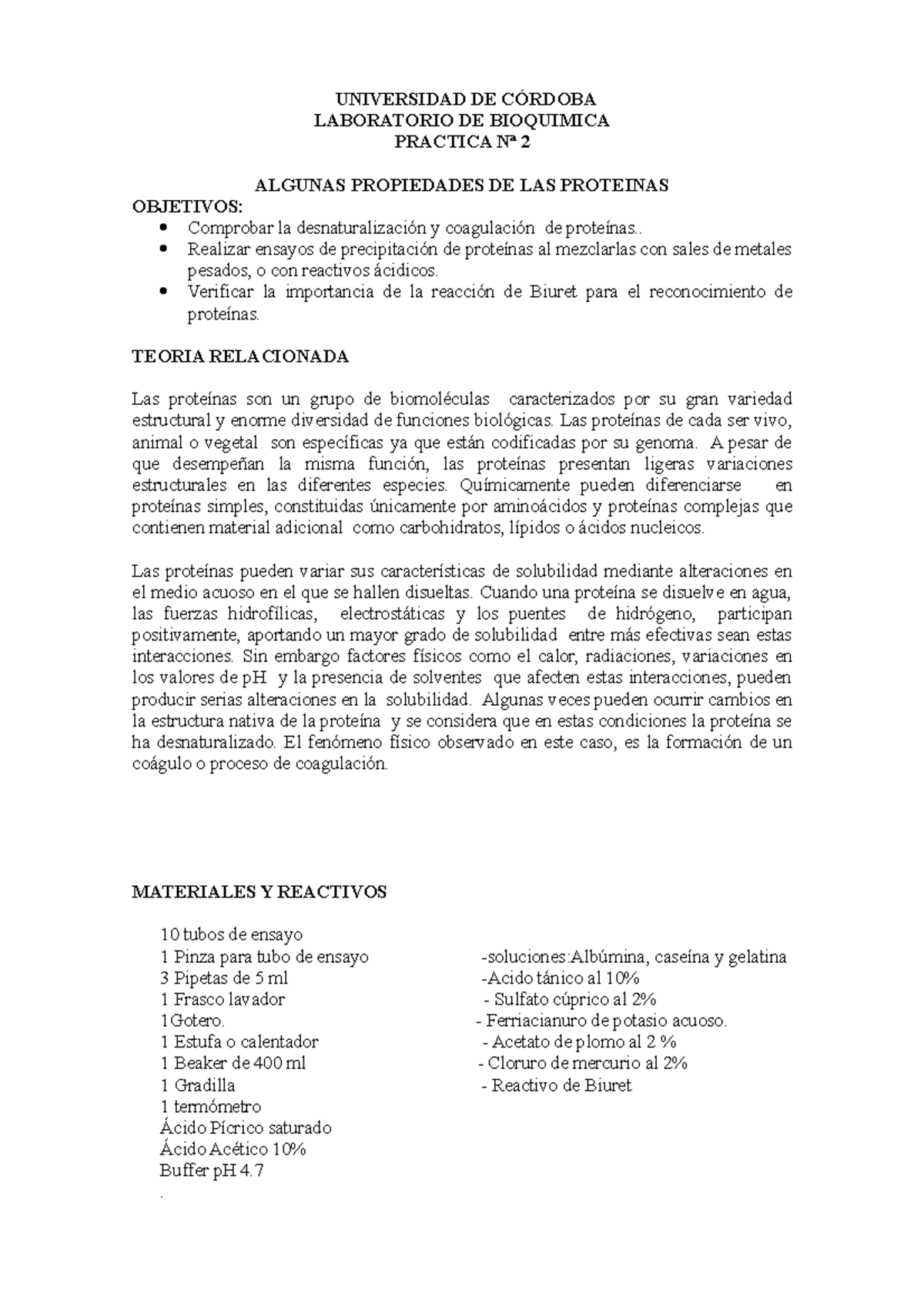 Practica 2 proteinas corregida - UNIVERSIDAD DE CÓRDOBA LABORATORIO DE BIOQUIMICA PRACTICA Nª 2 ...
