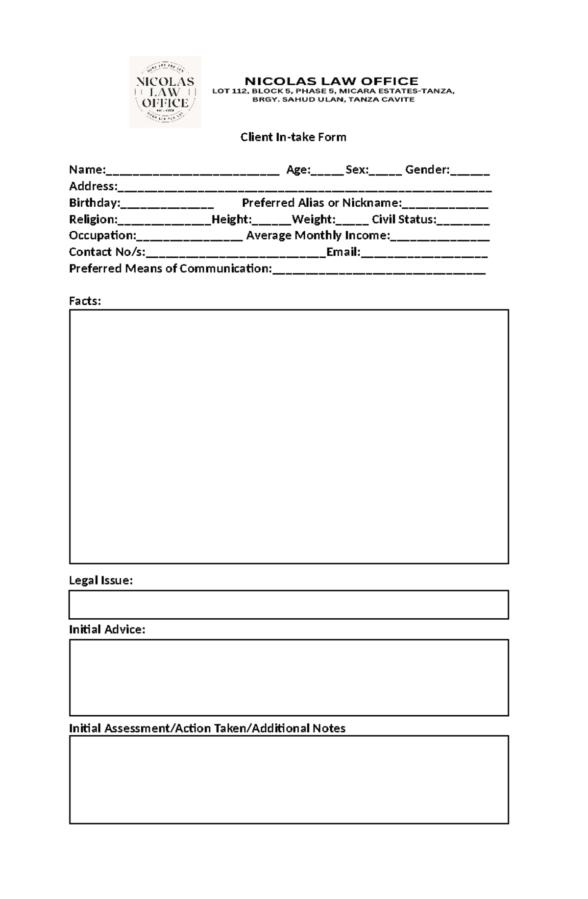 Client In-Take Form - Client In-take Form Name ...