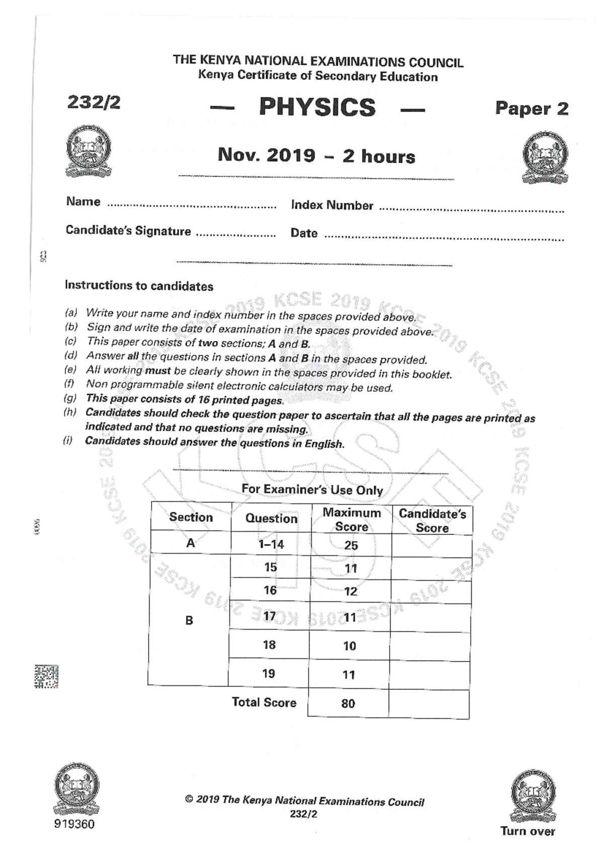 2019 KCSE Physics Paper 2 - THE KENYA NATIONAL EXAMINATIONS COUNCIL ...