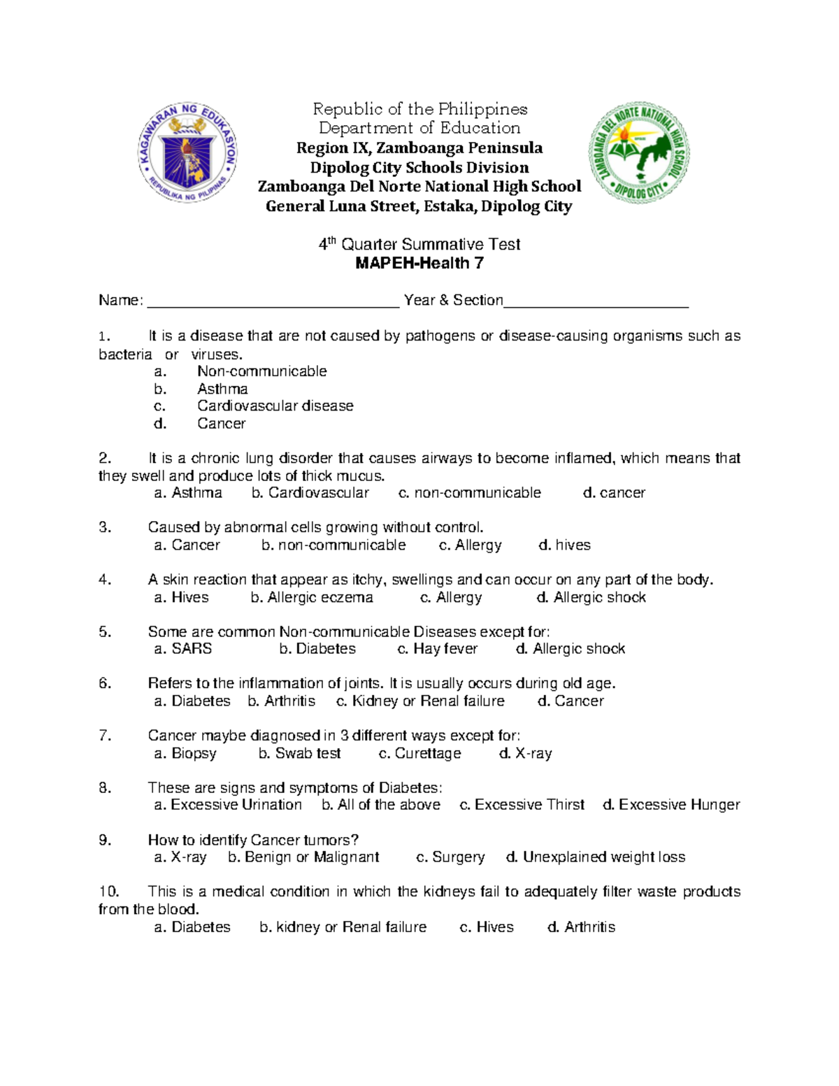 Mapehhealth Q4 Summative-TEST - Republic of the Philippines Department ...