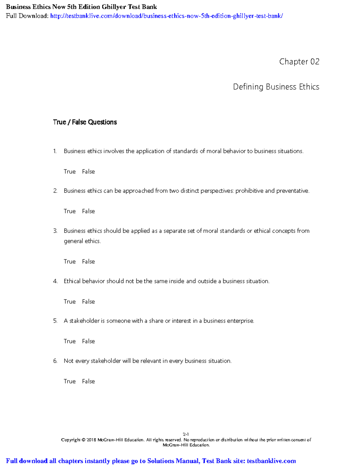 Business ethics chapter 2 ghillyer - 2- Copyright © 2018 McGraw-Hill ...