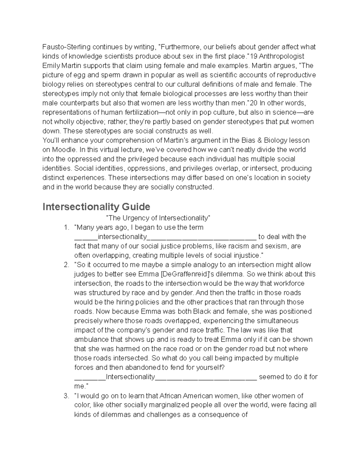 Wgs 4 - Lecture notes for wgs fall 2019 - Fausto-Sterling continues by ...