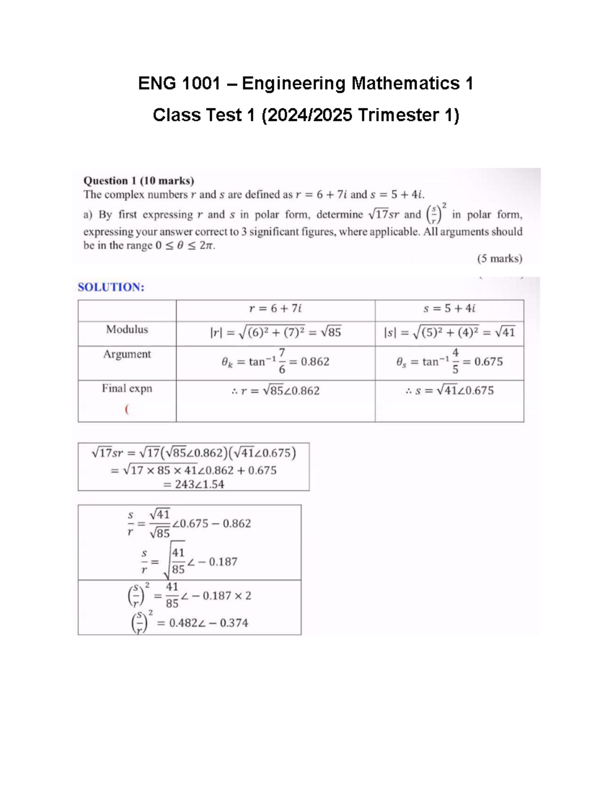 Class test 1 - ENG1001 - ENG 1001 – Engineering Mathematics 1 Class ...