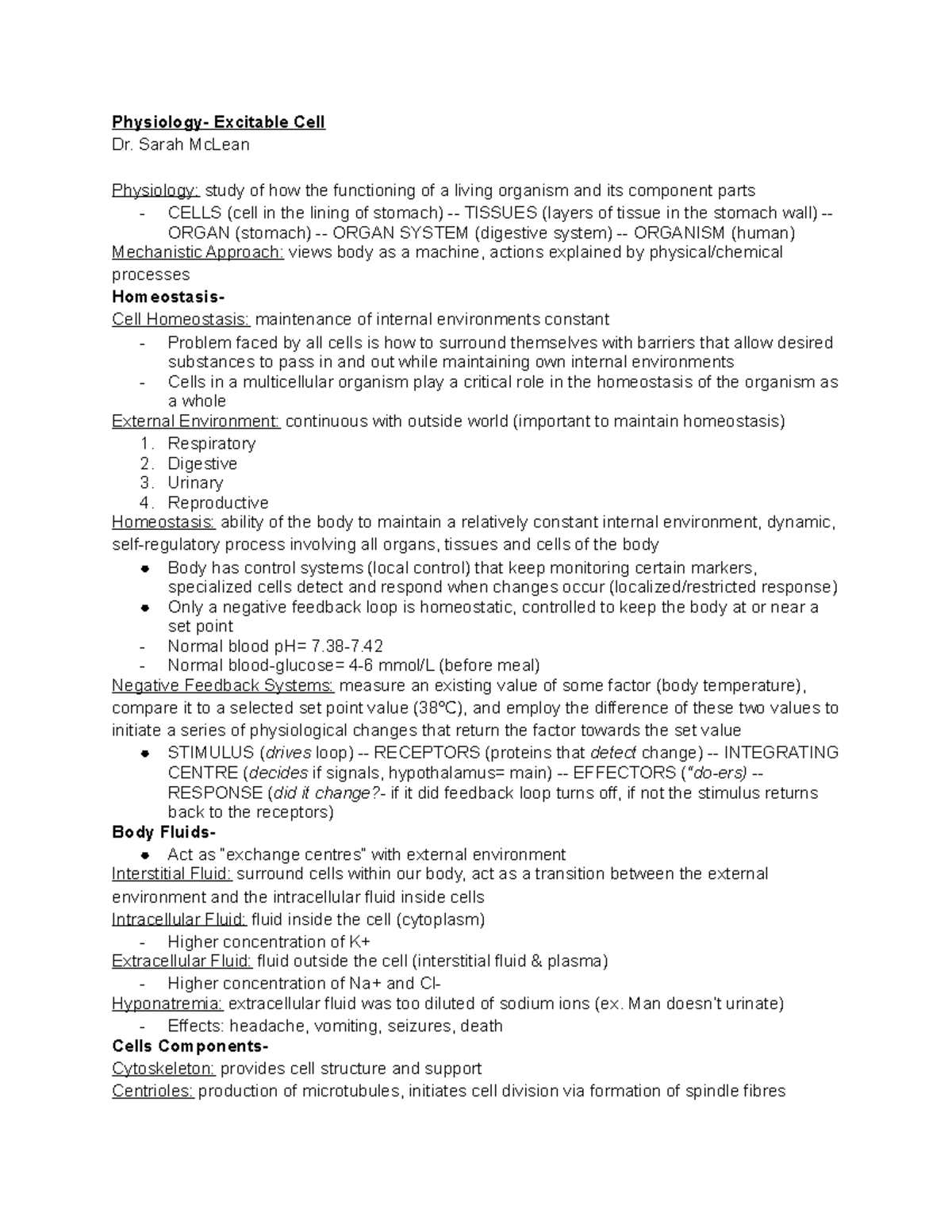 WEEK 1 Lecture 1 - week 1 physiology, Dr. beye - Physiology- Excitable ...