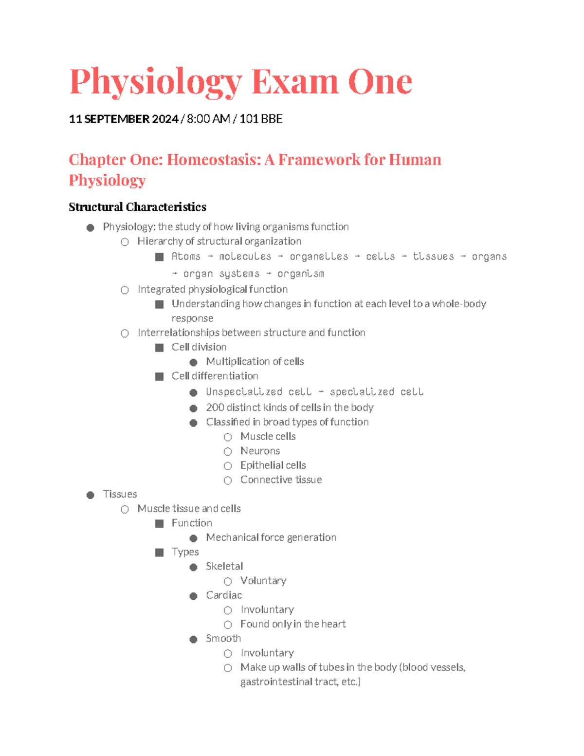 Human phisiology notes unit 1 - Physiology Exam One 11 SEPTEMBER 2024 / ...