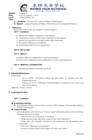 Year 4 Lesson Plan (2rd Week) - Subject: English IV Date: June 23-27 ...