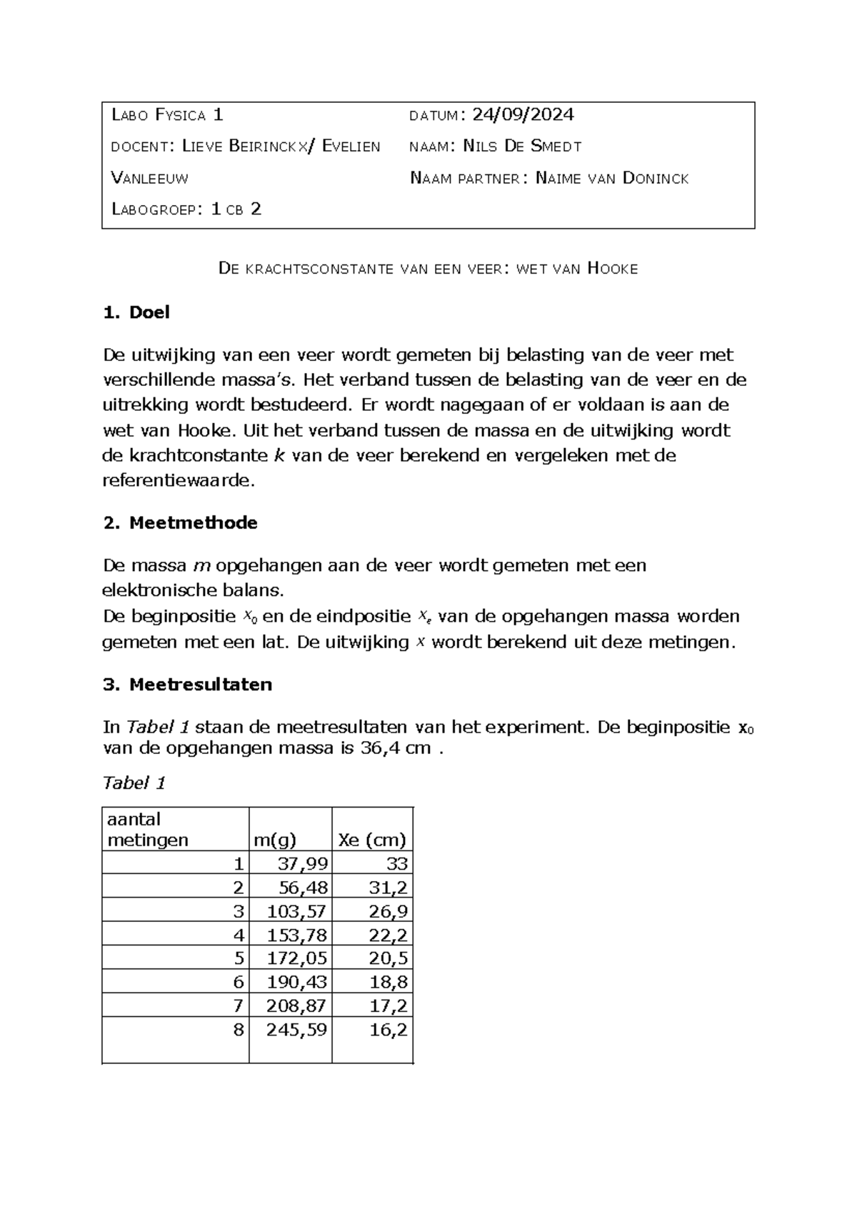 Labo 2 wet van Hooke 1cb2 Nils de smedt verslag - LABO FYSICA 1 DOCENT ...