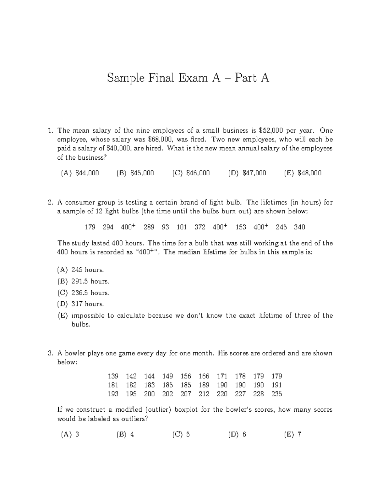 Practice exam 2015, Questions - Sample Final Exam A – Part A - Sample ...