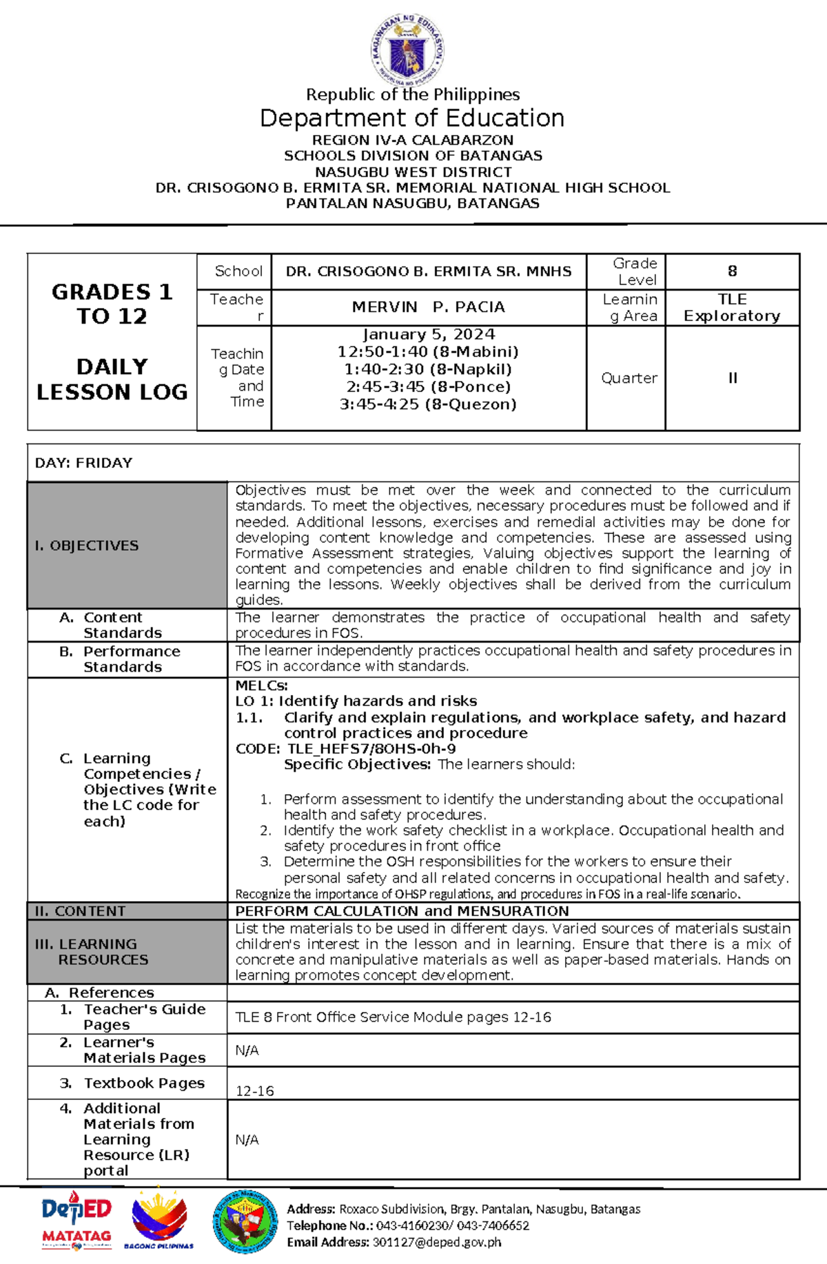 January 5, 2024 Friday-Daily Lesson Log G8 TLE- Assessment-LONG ...