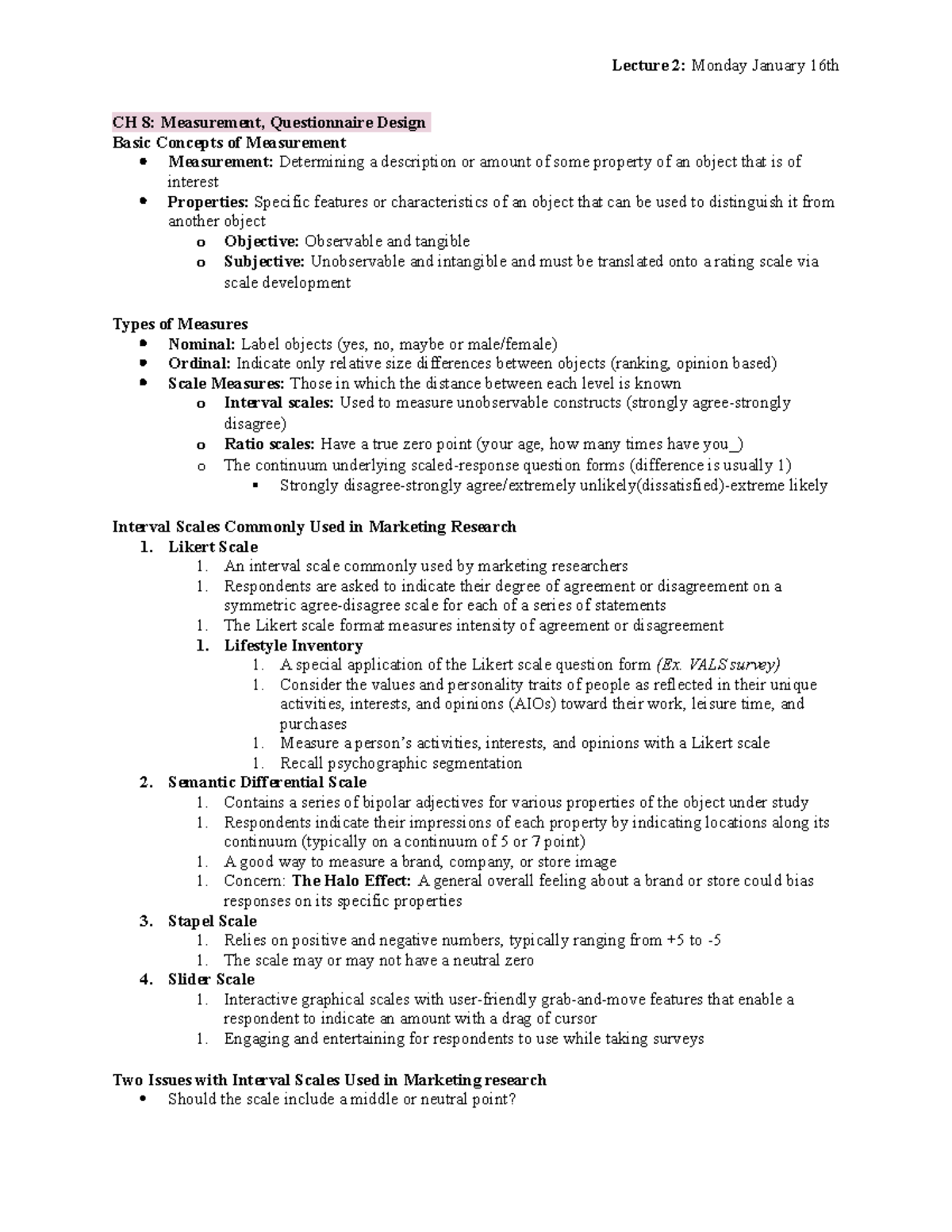 BU422 - Lecture 2 - CH 8: Measurement, Questionnaire Design Basic Concepts of Measurement - Studocu