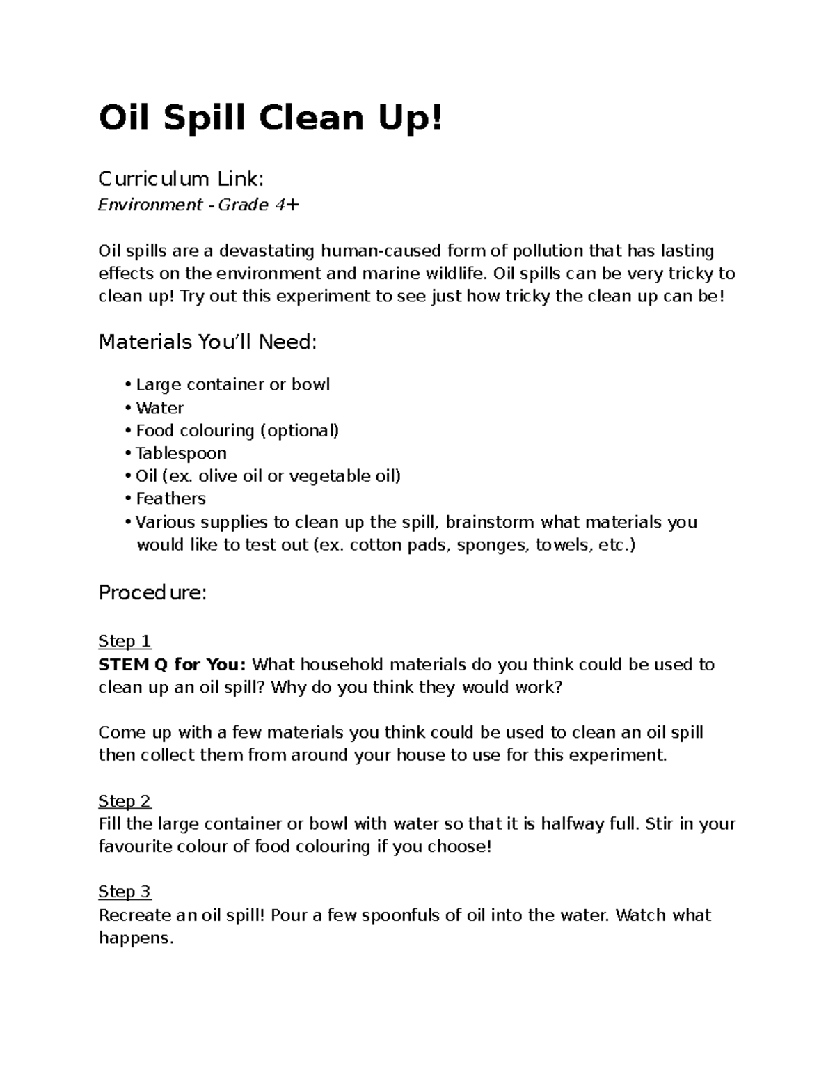 Oil Spill Clean Up - Study - Oil Spill Clean Up! Curriculum Link ...