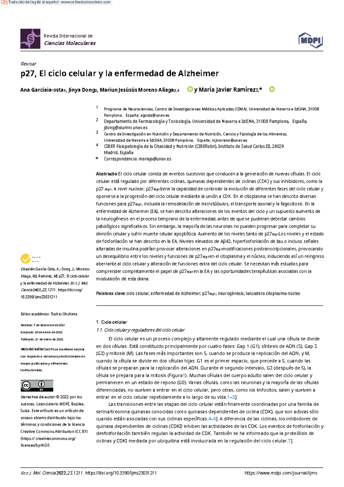 P27, The Cell Cycle and Alzheimer´s Disease - Revista Internacional de Ciencias Moleculares ...