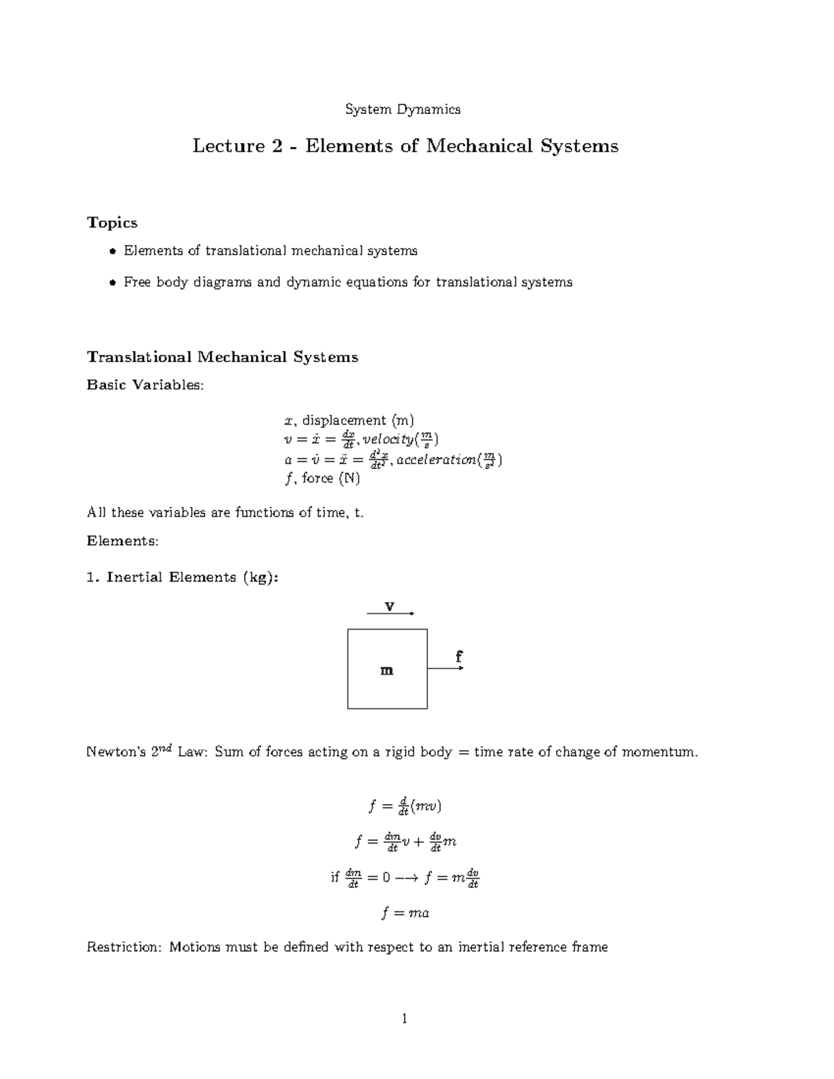 Elements of Mechanical Systems Notes - System Dynamics Lecture 2 ...