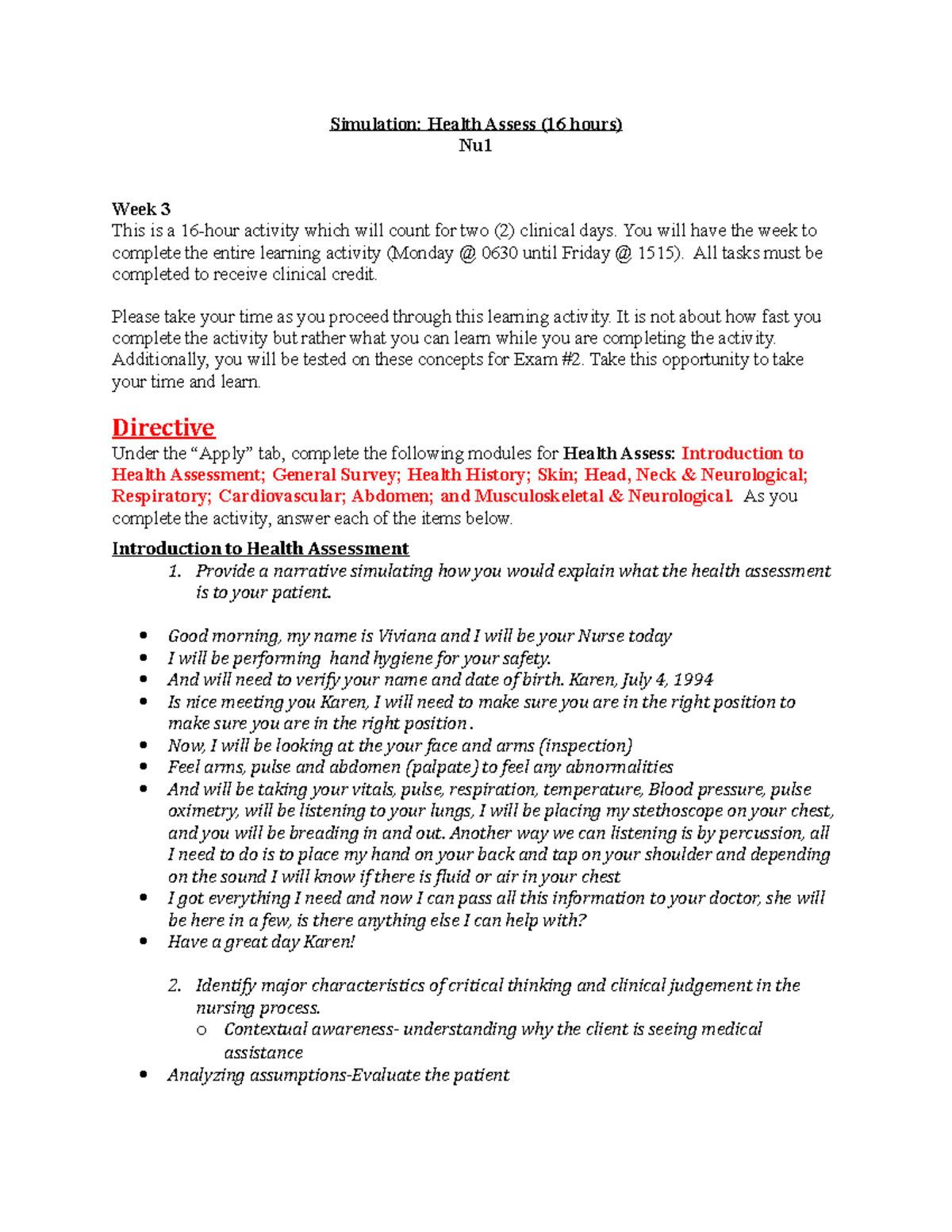 Health Assess - Skills Day - Simulation: Health Assess (16 hours) Nu ...