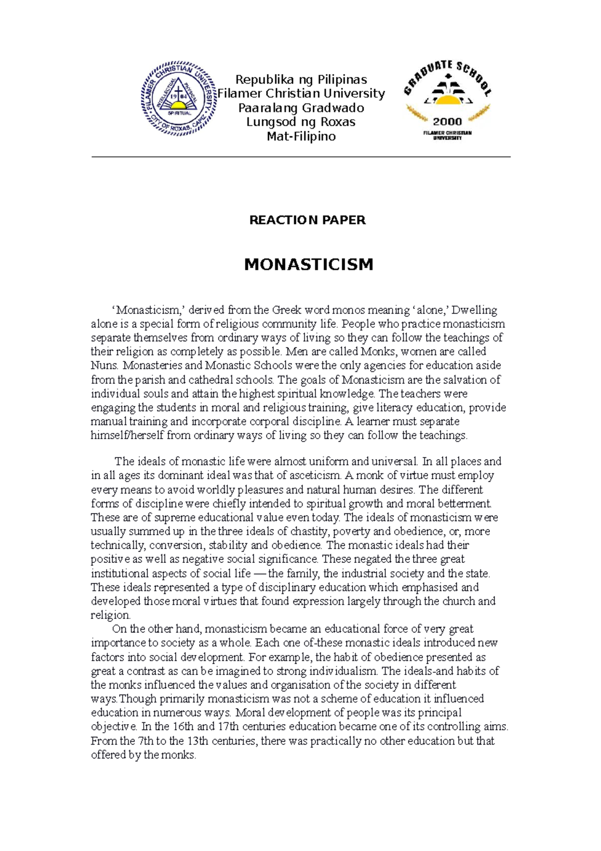 Reaction Paper - Republika ng Pilipinas Filamer Christian University ...