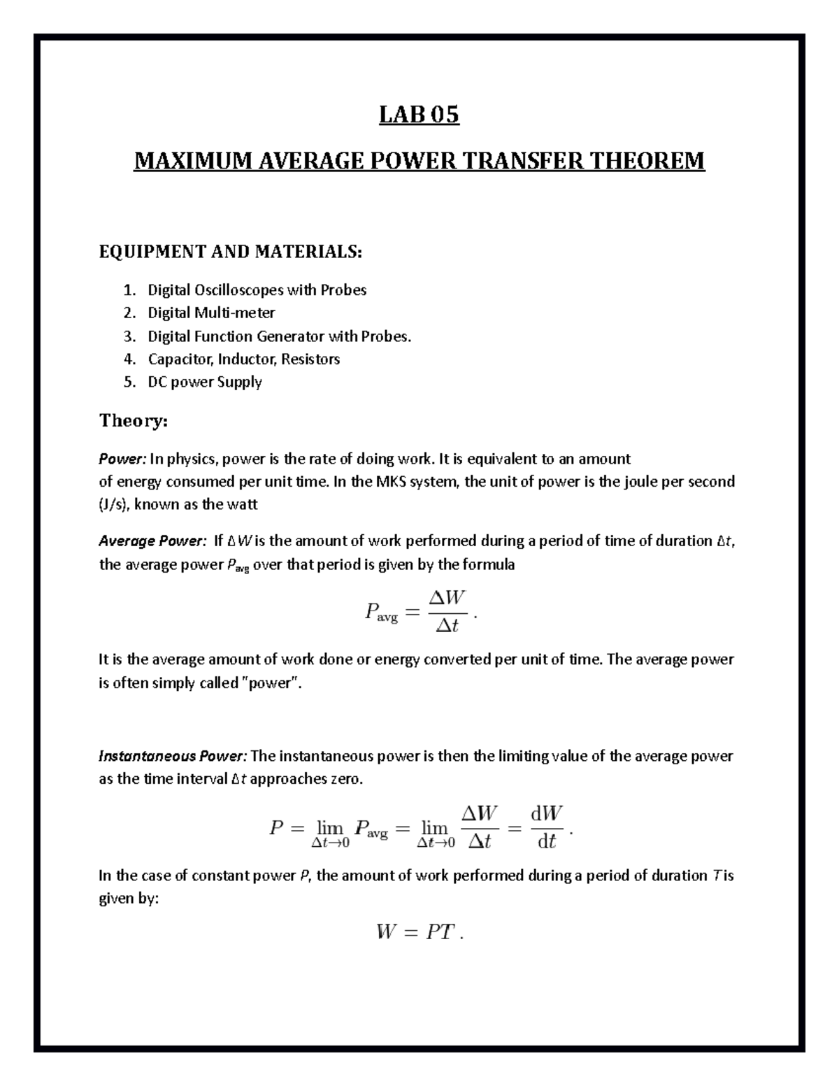 Experiment 05 - LAB 05 MAXIMUM AVERAGE POWER TRANSFER THEOREM EQUIPMENT ...