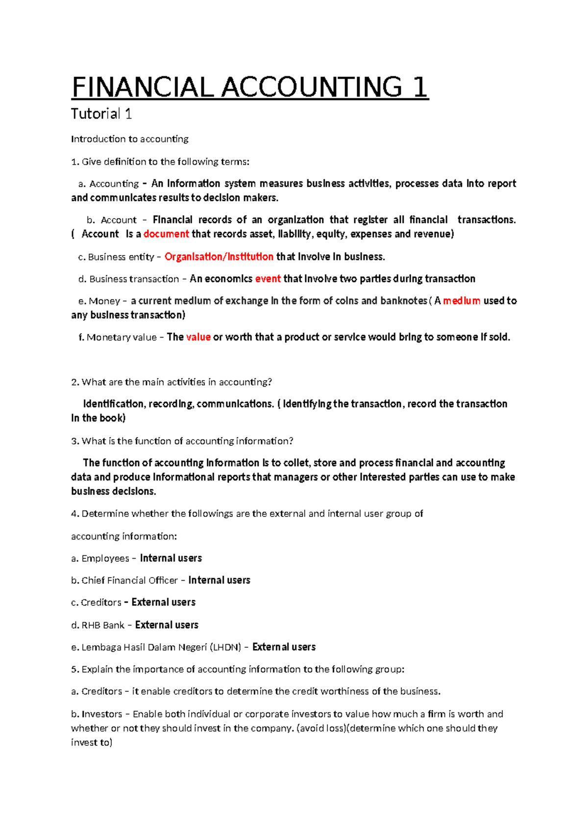 tutorial quiz on introduction to accounting. - FINANCIAL ACCOUNTING 1 Tutorial 1 Introduction to ...
