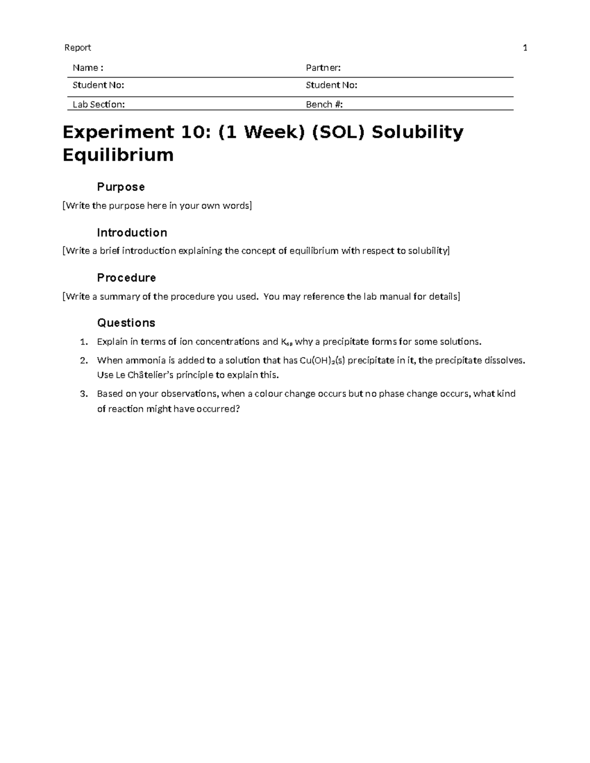 Template Solubility Equilibrium - Name : Partner: Student No: Student ...