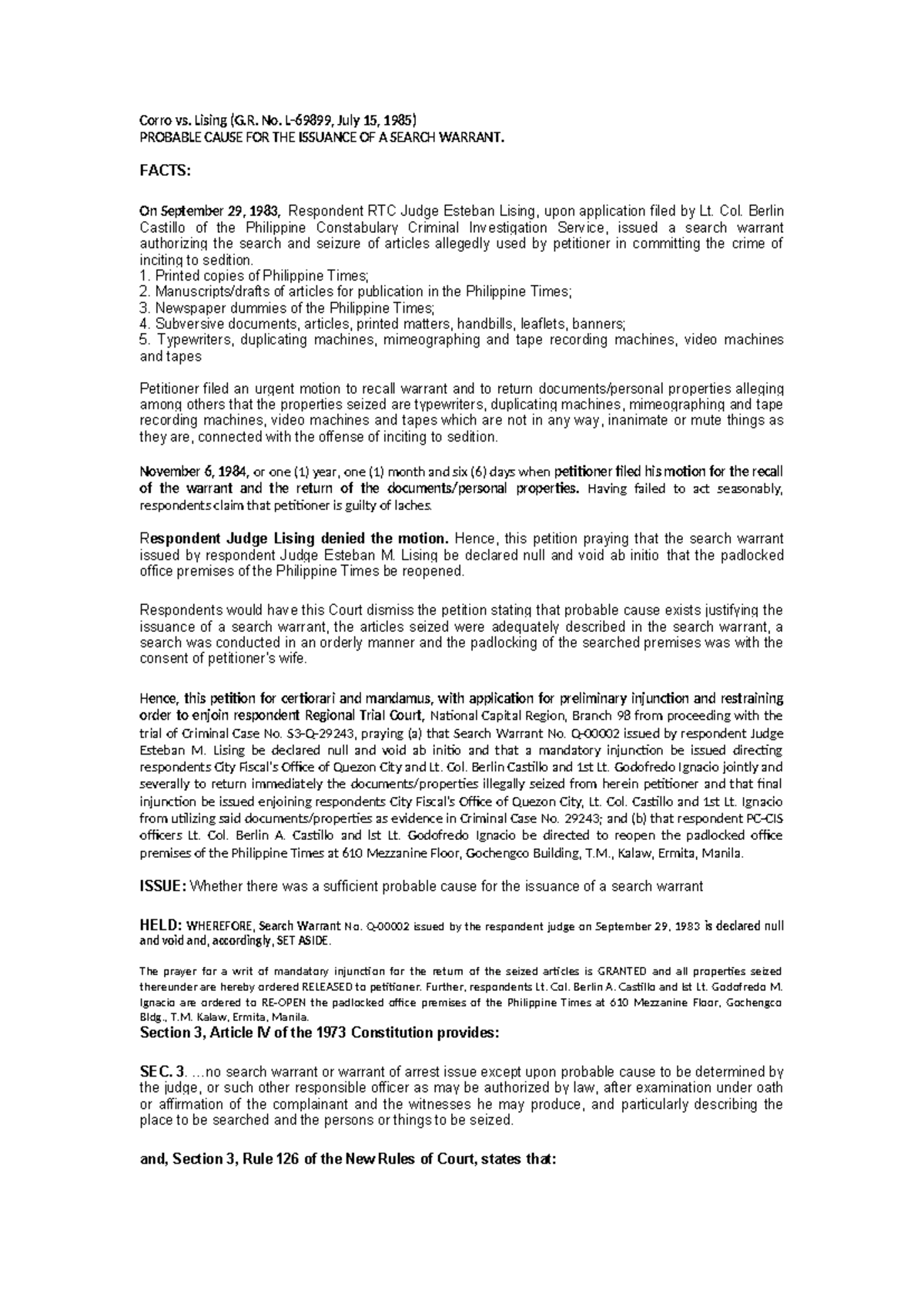Corro vs. Lising - study - Corro vs. Lising (G. No. L-69899, July 15 ...