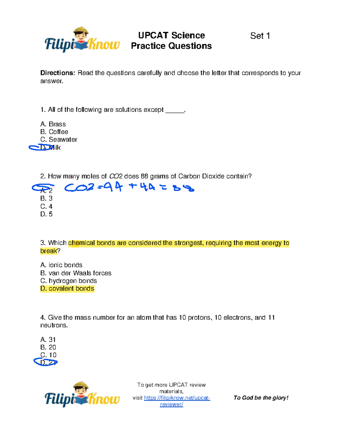 Upcat Science Practice Questions Set 1 - Practice Questions Set 1 To ...