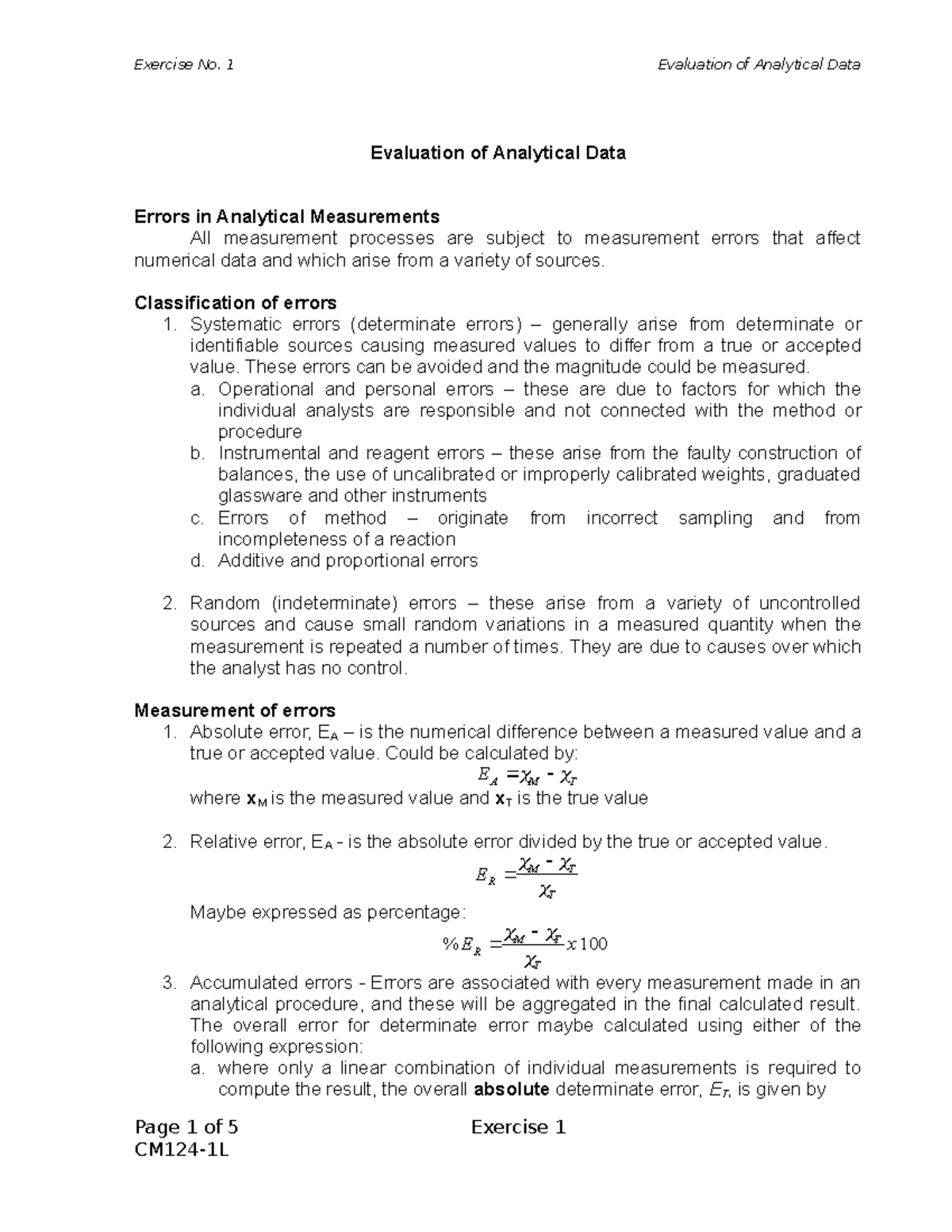 Evaluation of Analytical Data - Evaluation of Analytical Data Errors in ...