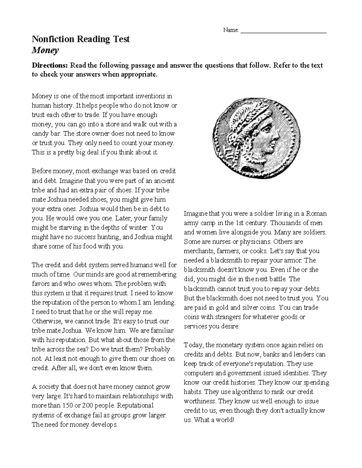 Money Name Nonfiction Reading Test
