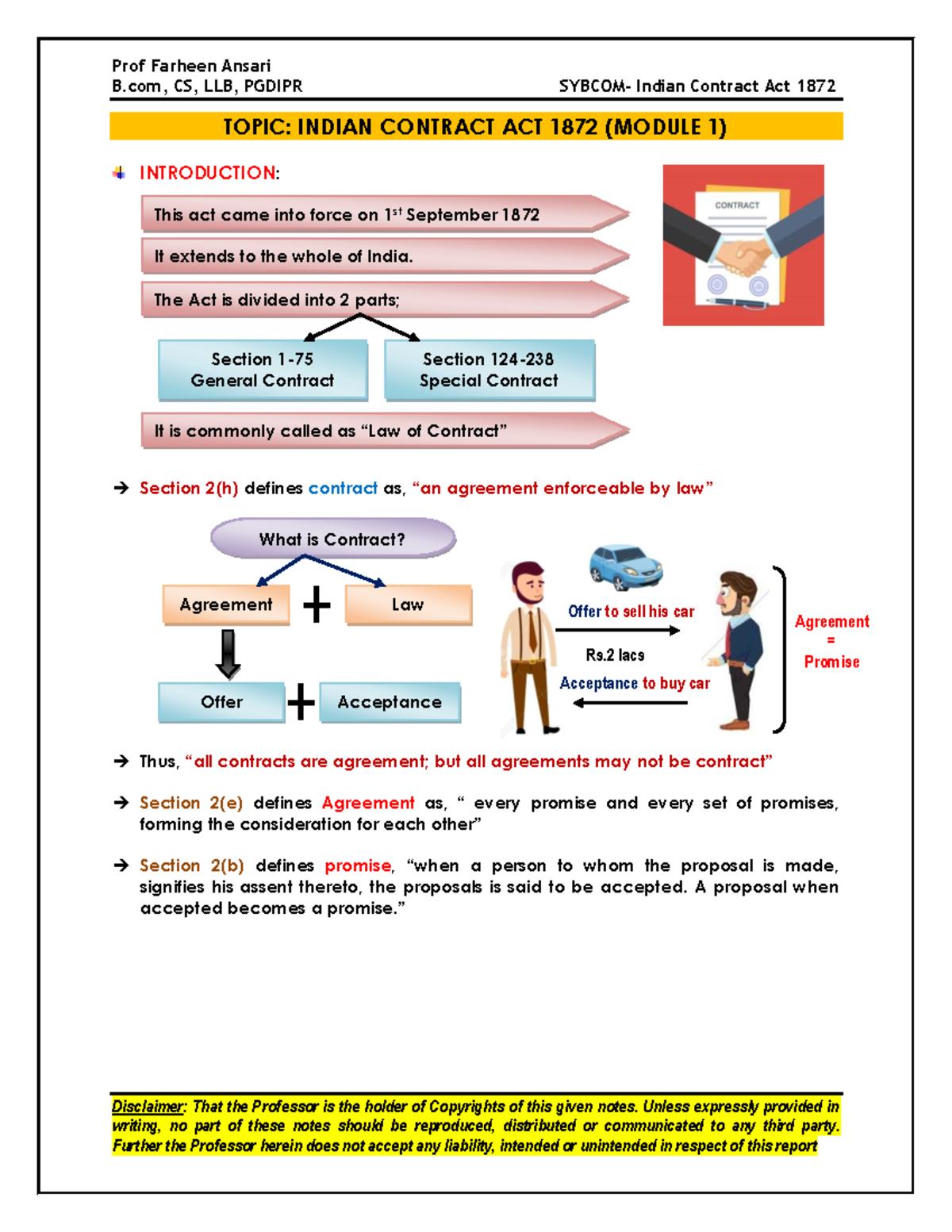 Sybcom Notes on Module 1 Indian Contract Act - B, CS, LLB, PGDIPR ...