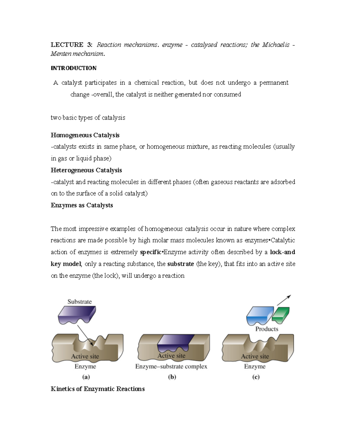 Lecture 3 - best notes - LECTURE 3: Reaction mechanisms. enzyme ...
