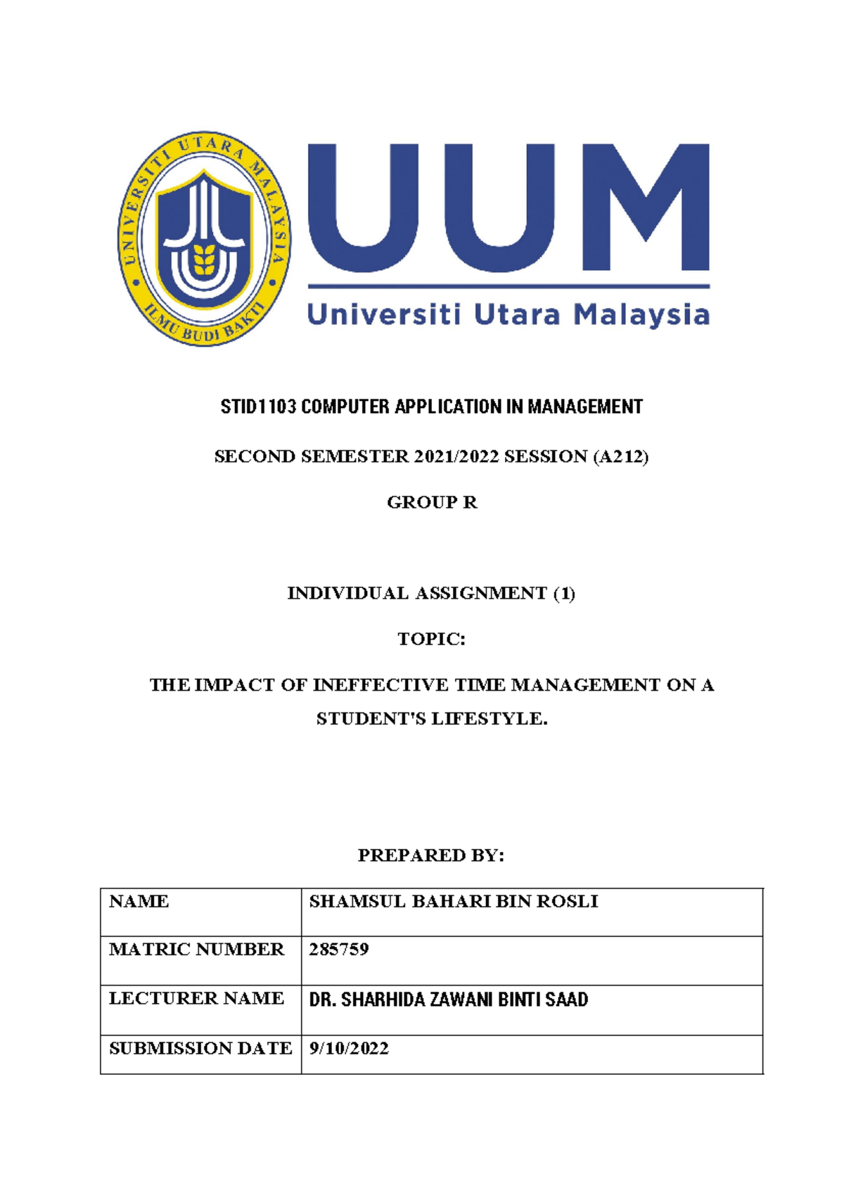 Assingment 1 computer bi edition - STID1103 COMPUTER APPLICATION IN ...