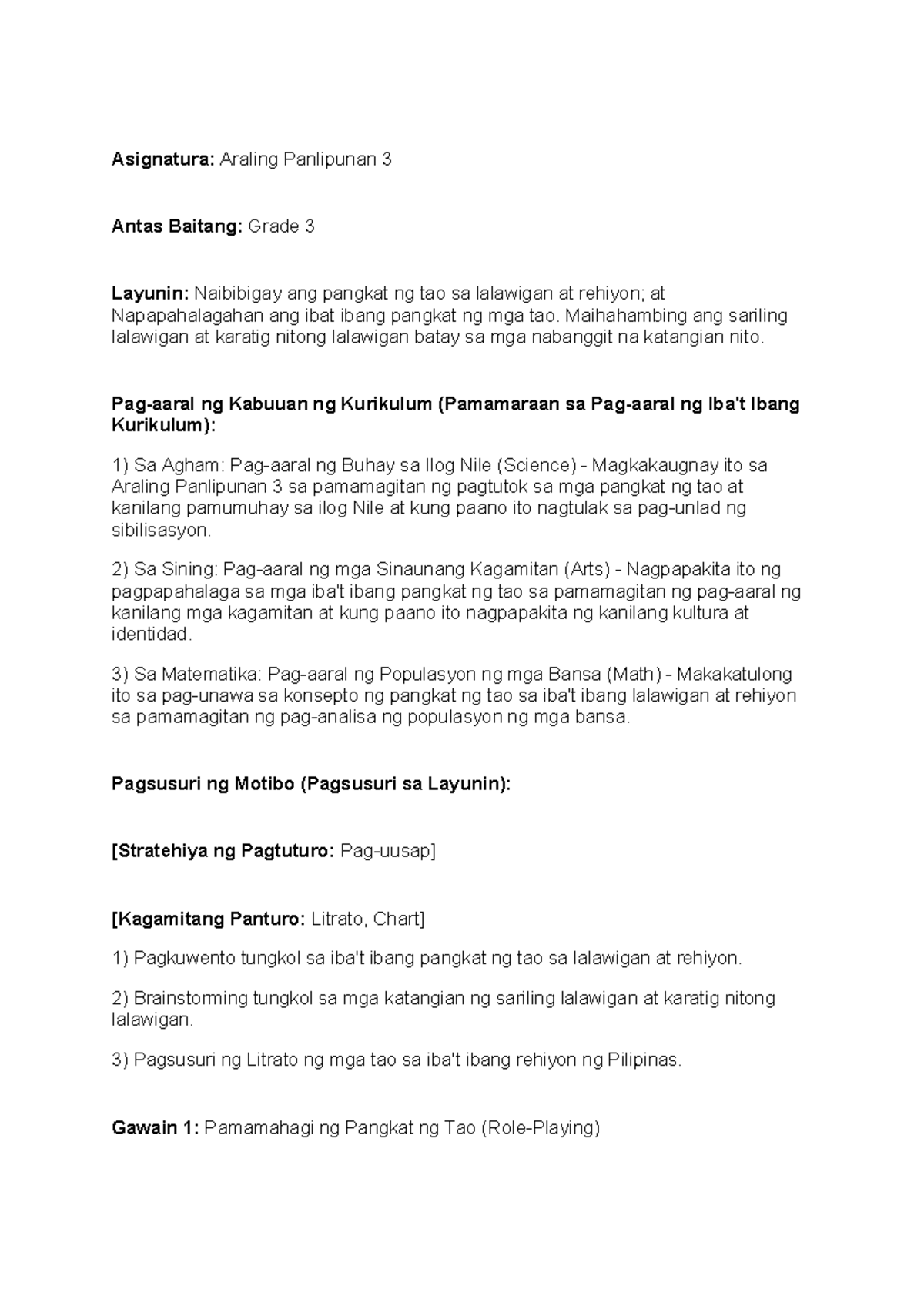 Lesson plan - Asignatura: Araling Panlipunan 3 Antas Baitang: Grade 3 ...