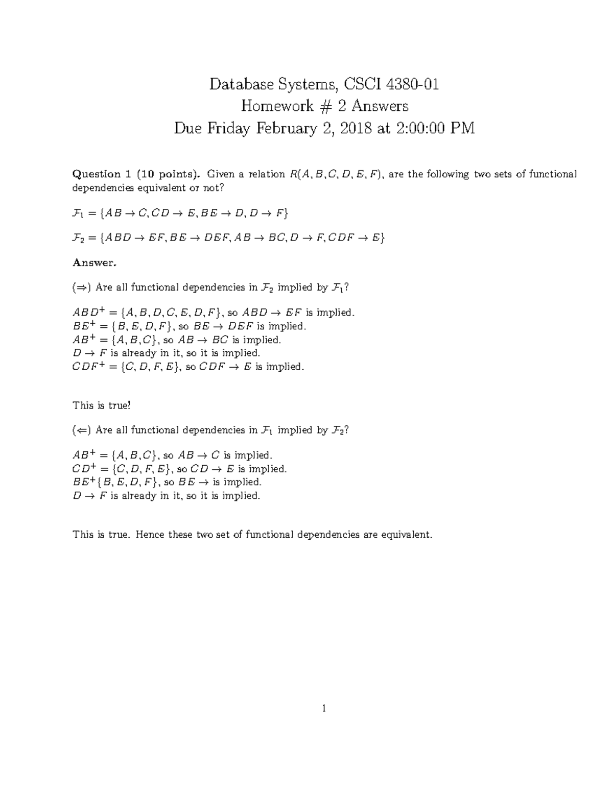 Hw2 ans important - Database Systems, CSCI 4380- Homework # 2 Answers Due Friday February 2 ...