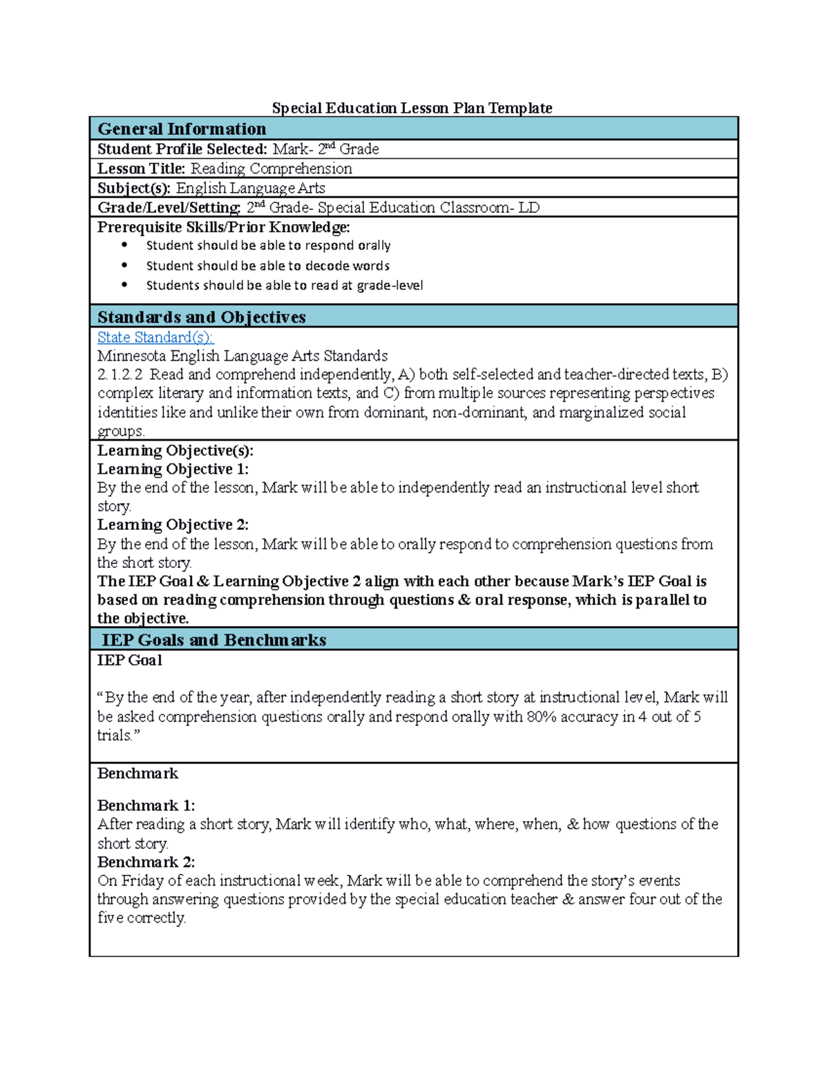 SPED Lesson Plan 1 Assingment For Special Education Special