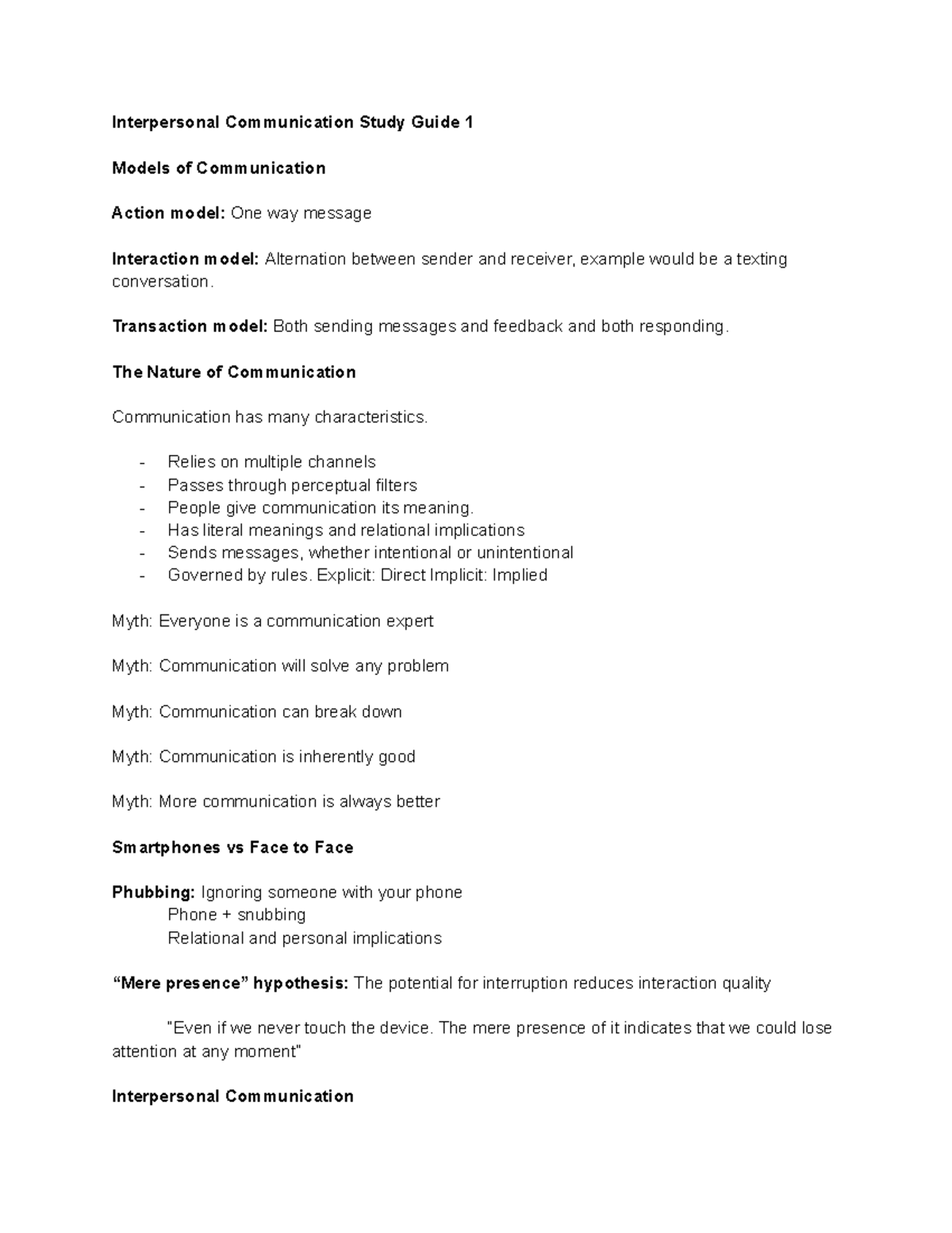 Interpersonal Communications Study Guide Exam 1 - Interpersonal ...