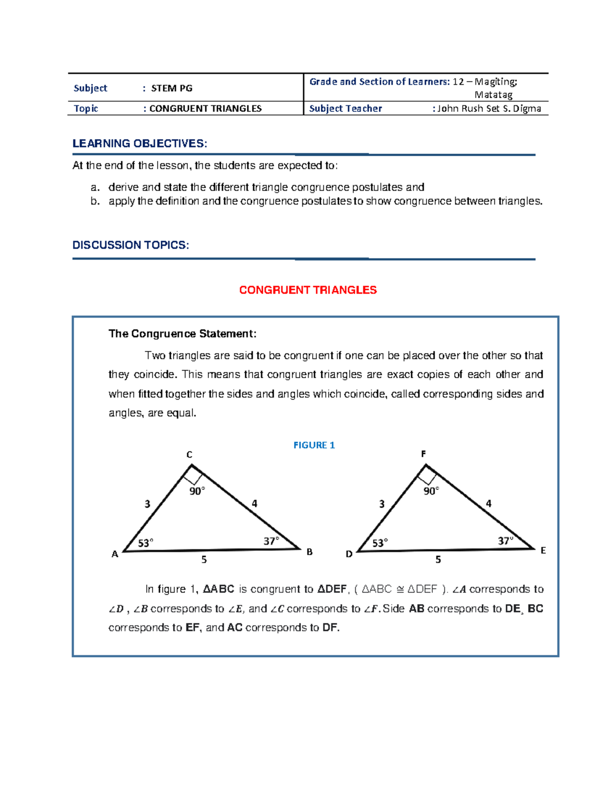 Plane Geometry :Congruent Triangles (Discussion and Evaluation ...