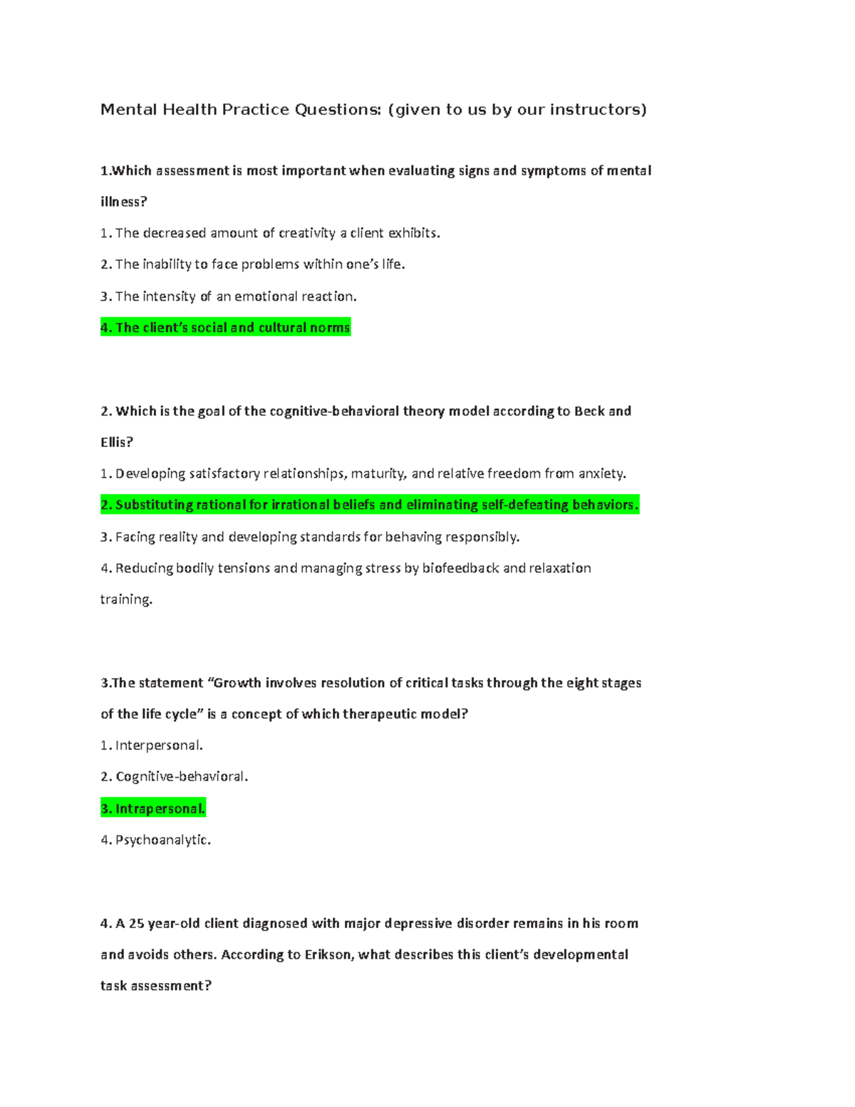 MH questions that instructor gave us 1 - Mental Health Practice ...