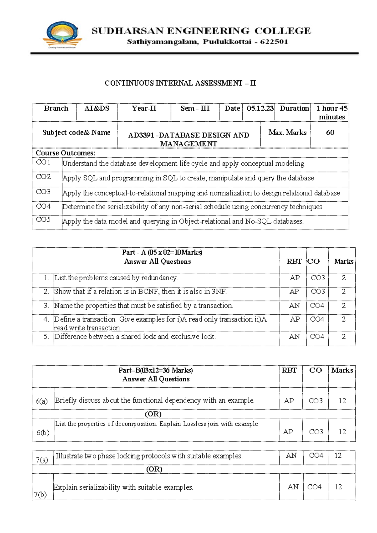 CIA 2 DDM - USEFUL - CONTINUOUS INTERNAL ASSESSMENT – II Branch AI&DS ...