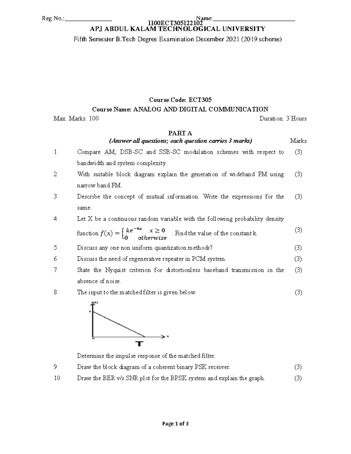 Qn1 - qn paper - 1100ECT Course Code: ECT Course Name: ANALOG AND ...