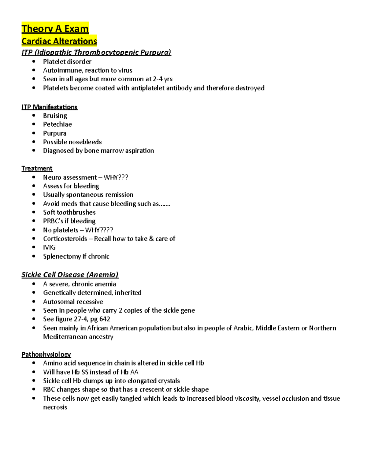 Theory A Exam notes - Theory A Exam Cardiac Alterations ITP (Idiopathic ...