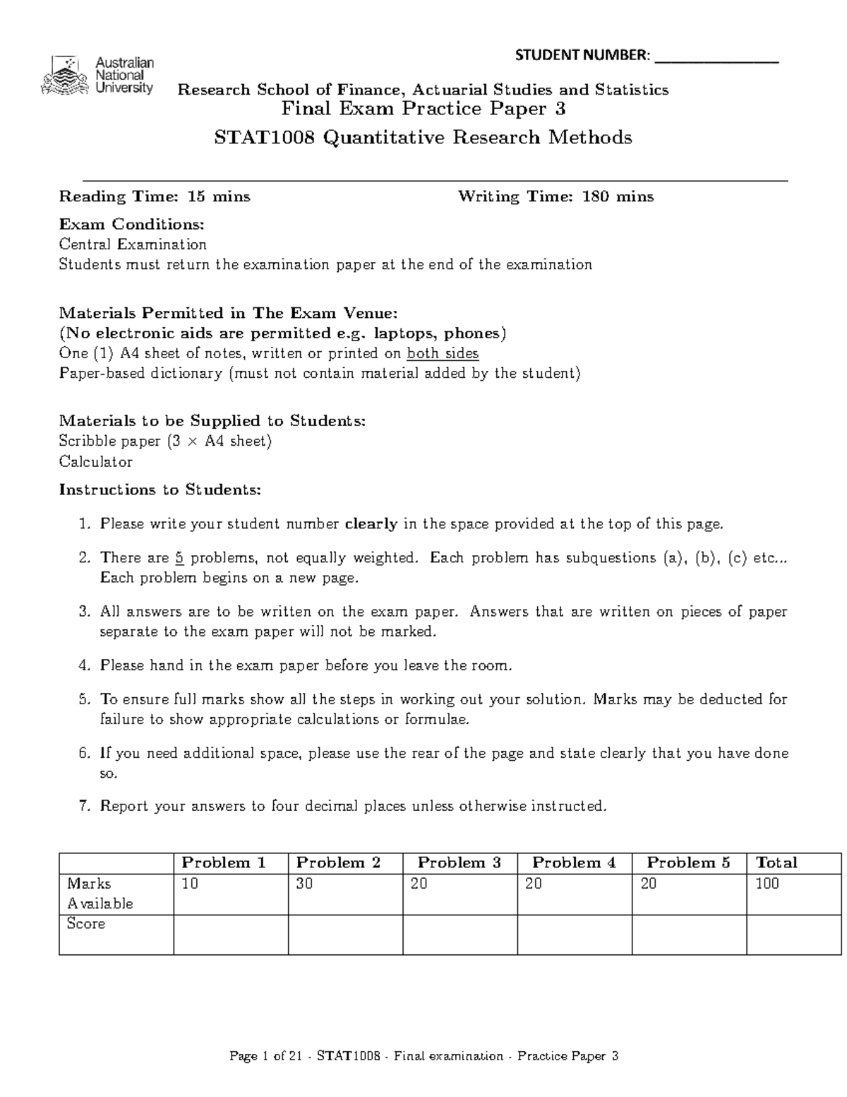 STAT1008 Final Exam Practice Paper 3 - Research School of Finance ...