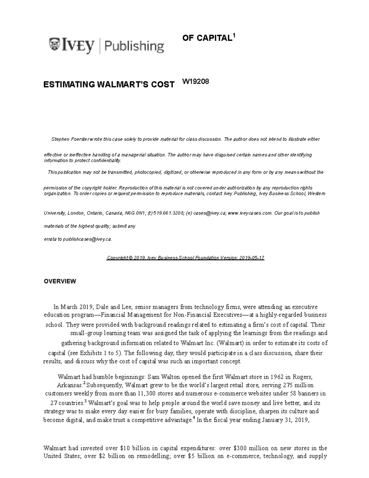 Walmart COC_Nisha Kantwal_Cse - ESTIMATING WALMART’S COST OF CAPITAL 1 ...