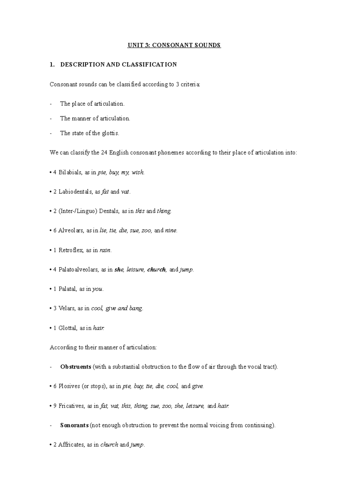 Notes - APUNTES - UNIT 3: CONSONANT SOUNDS 1. DESCRIPTION AND ...