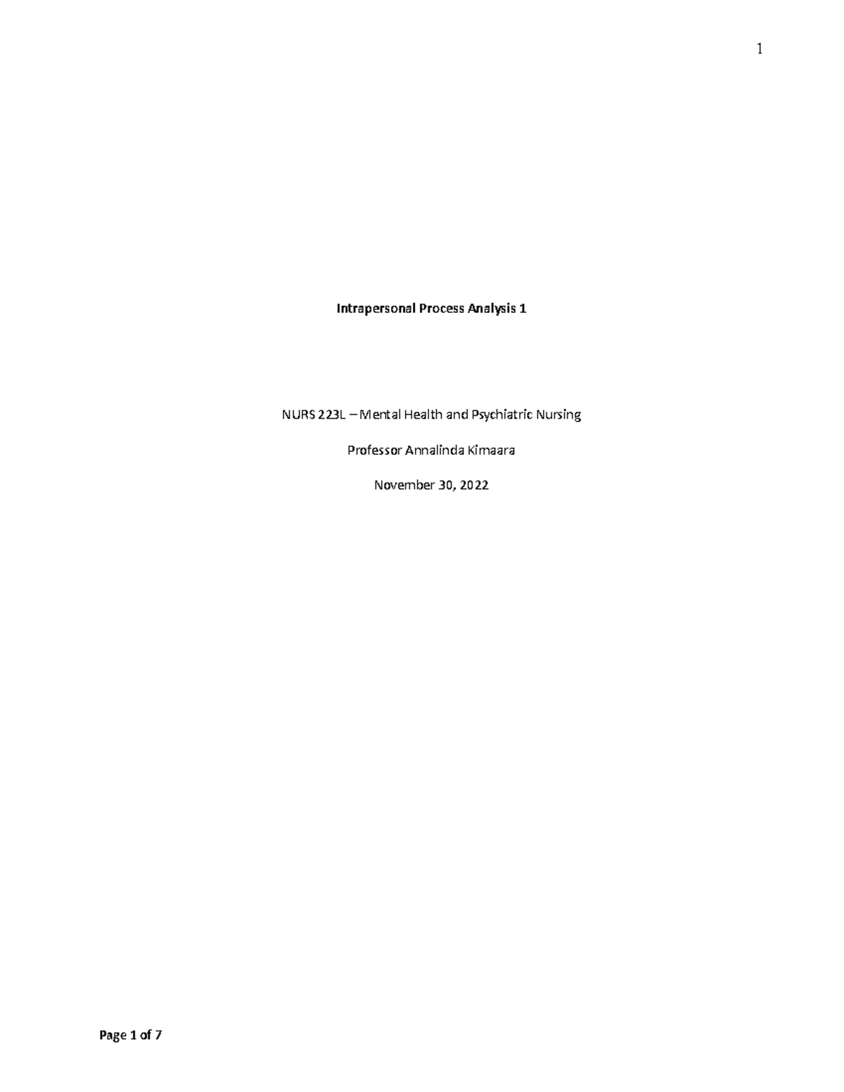 NURS 223L - Interpersonal Process Analysis - Intrapersonal Process ...