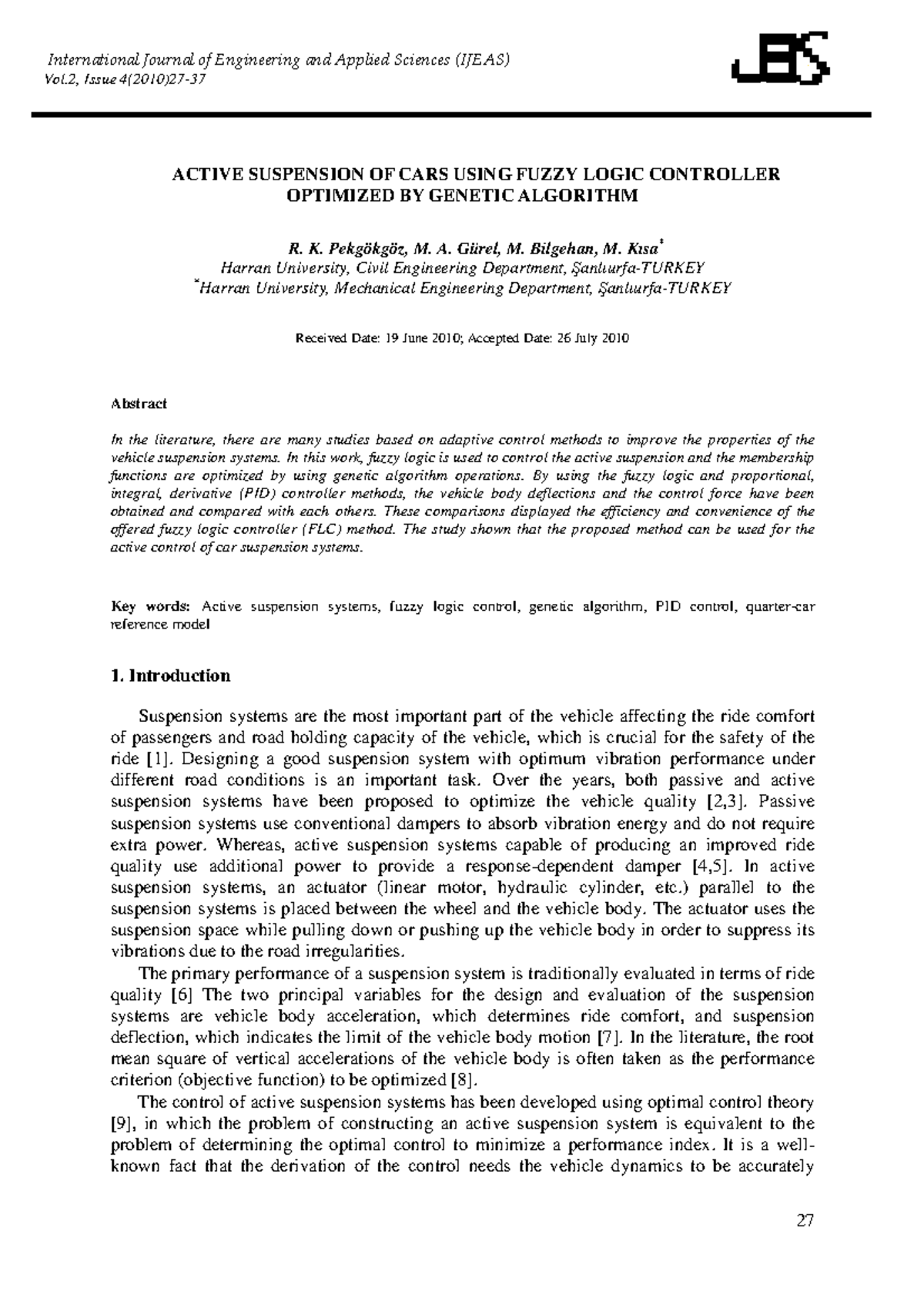 Active Suspension Of Cars Using Fuzzy Logic Controller Optimized By Genetic Algorithm 251137