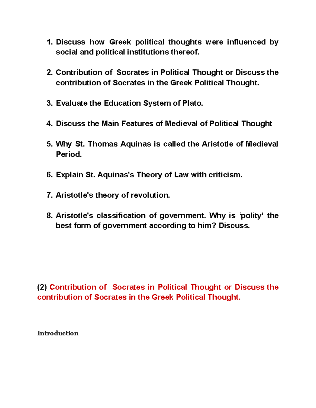 JNU Western Political Thought (Ancient and Medieval) (1101) - 1 ...