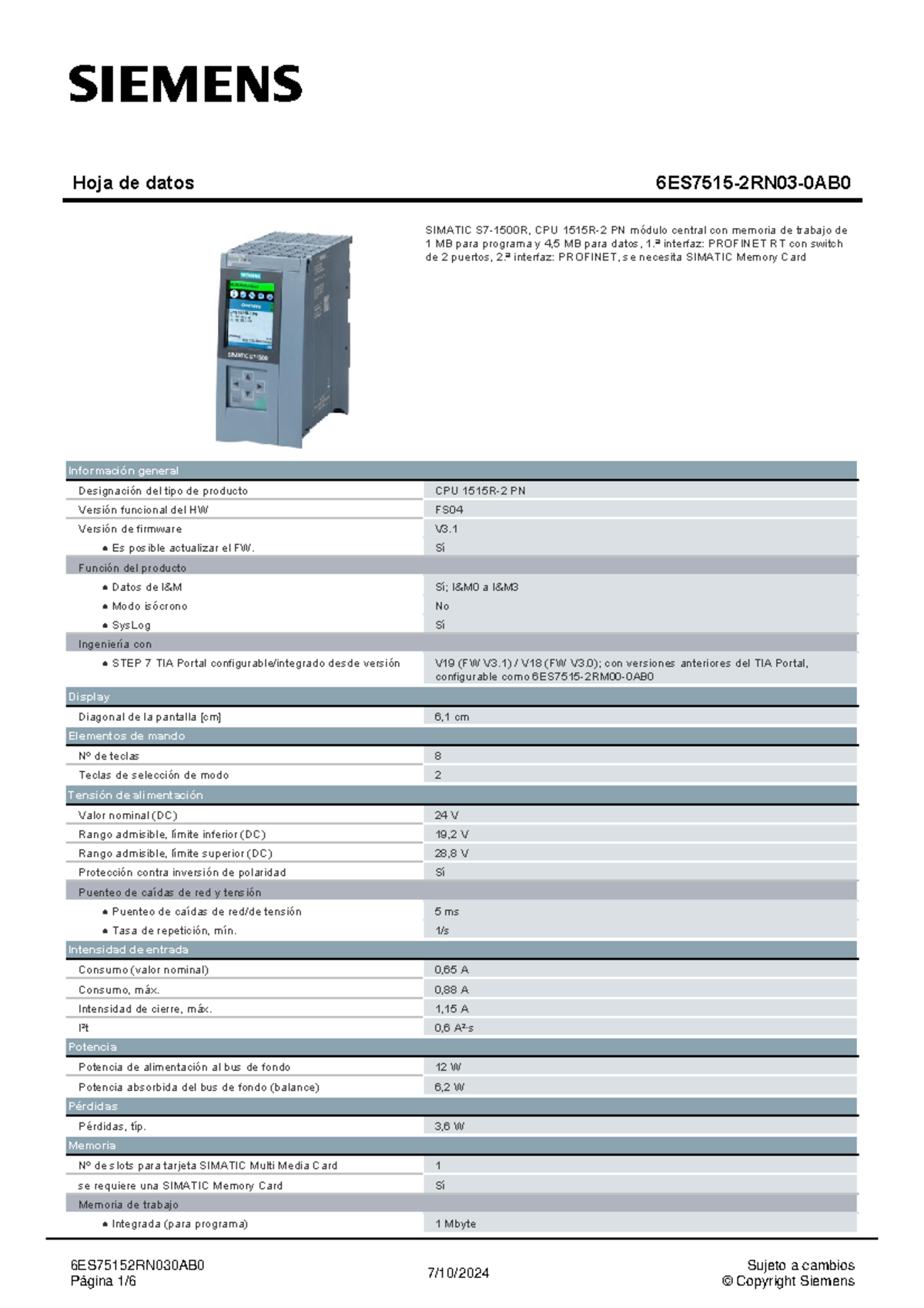6ES75152 RN030AB0 datasheet es - Hoja de datos 6ES7515-2RN03-0AB ...
