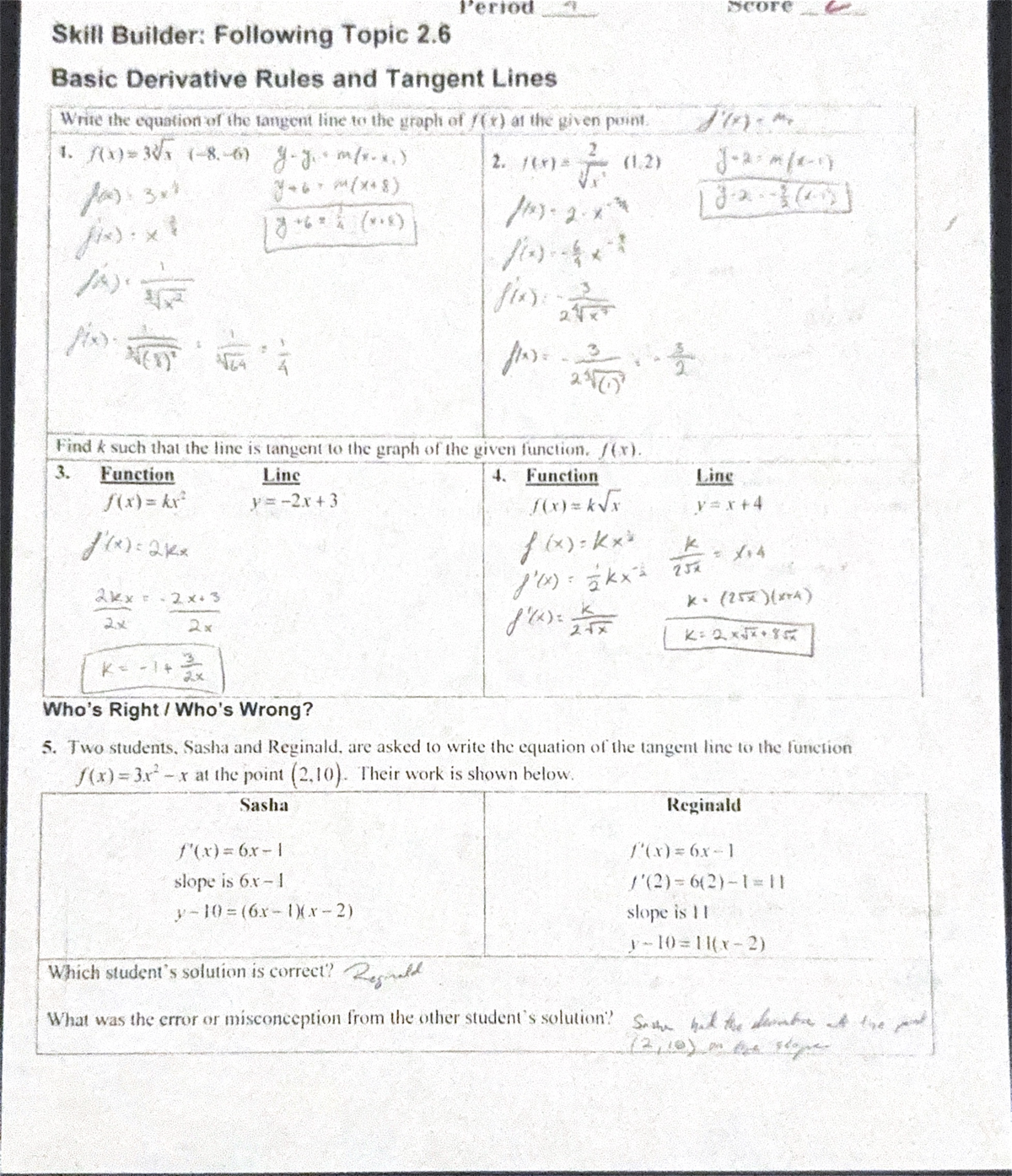 2.6 basic derivative rules and tangent lines - Period a Score e Skill ...