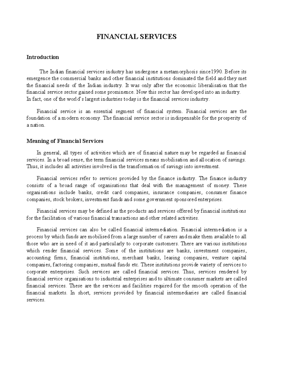 Financial Services 6th Sem - FINANCIAL SERVICES Introduction The Indian ...